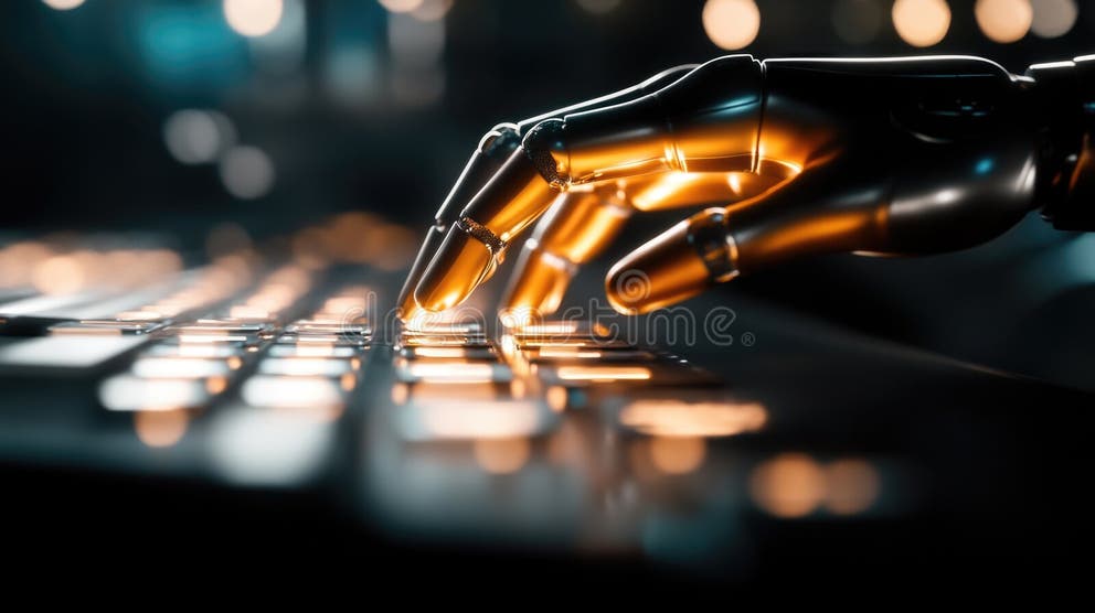 Robotic Hand Typing on Illuminated Keyboard in Futuristic Setting Stock ...