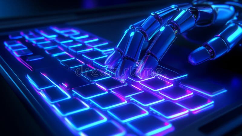 Robotic Hand Typing on Illuminated Keyboard Futuristic Technology ...