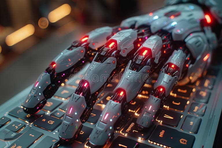 A Robotic Hand is Typing on a Keyboard Stock Photo - Image of typing ...