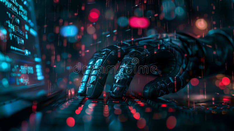Robotic Hand Typing on a Keyboard with Digital Codes and Neon Lights ...