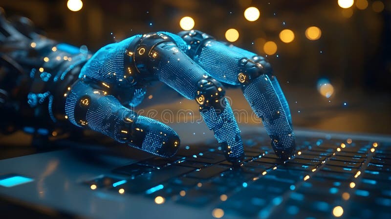 Robotic Hand Typing on Keyboard with Glowing Lights, Concept of ...