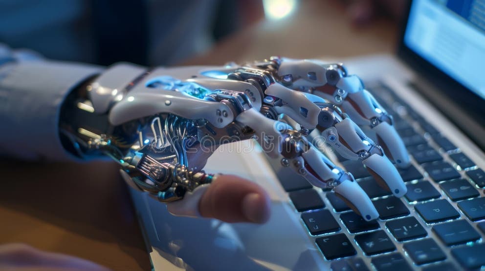 Robotic Hand Typing on Laptop.AI Generated Image Stock Photo - Image of ...