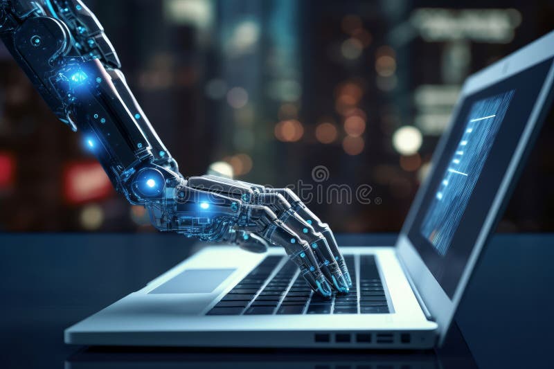 A Robotic Hand is Typing on a Laptop. Artificial Intelligence Concept ...