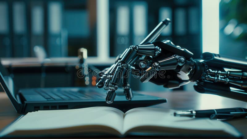 A Robotic Hand is Typing on a Laptop Keyboard. a Notebook and Pen are ... A Robotic Hand is Typing on a Laptop Keyboard. a Notebook and Pen are ...