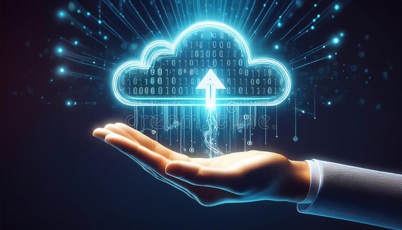 Robotic Hand Uploading Data into Glowing Cloud with Binary Code ...