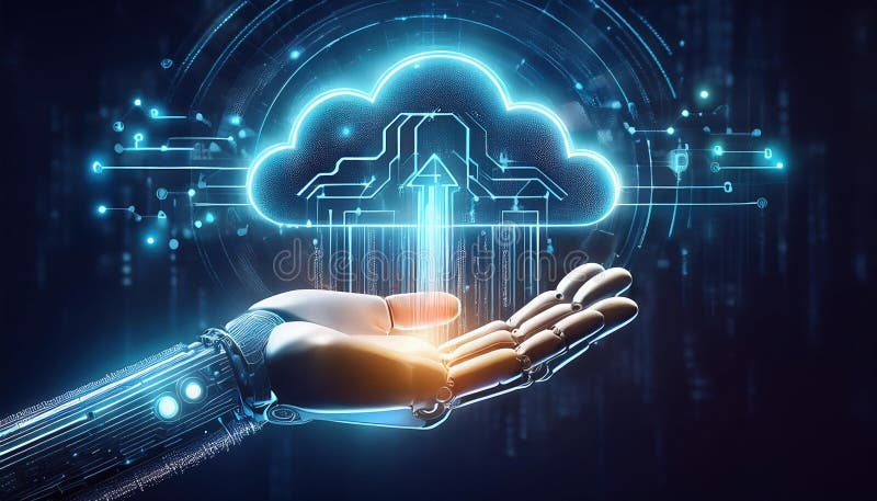 Robotic Hand Uploading Data into Glowing Cloud, Symbolizing Technology and Innovation ...