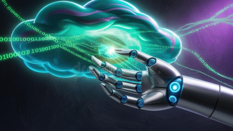 Robotic Hand Uploads Data into Glowing Cloud, with Streams of Binary Code Connecting Them ...