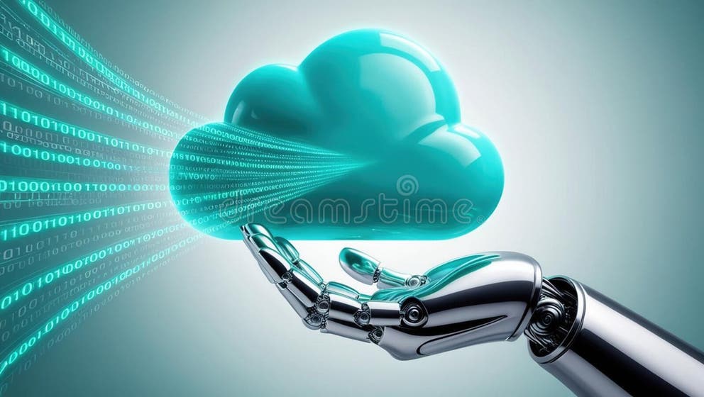 Robotic Hand Uploads Data into Glowing Cloud, with Streams of Binary Code Connecting Them ...
