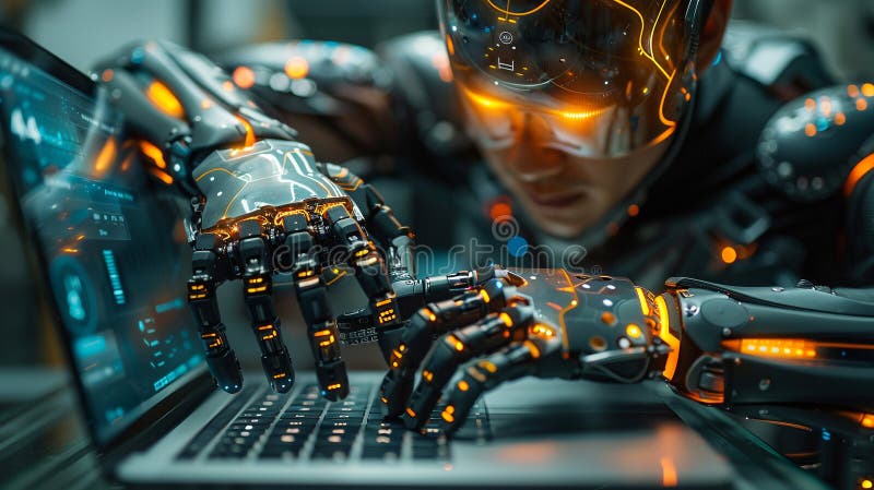 A Robotic Hand Using a Laptop Against a Technological Background. AI ...