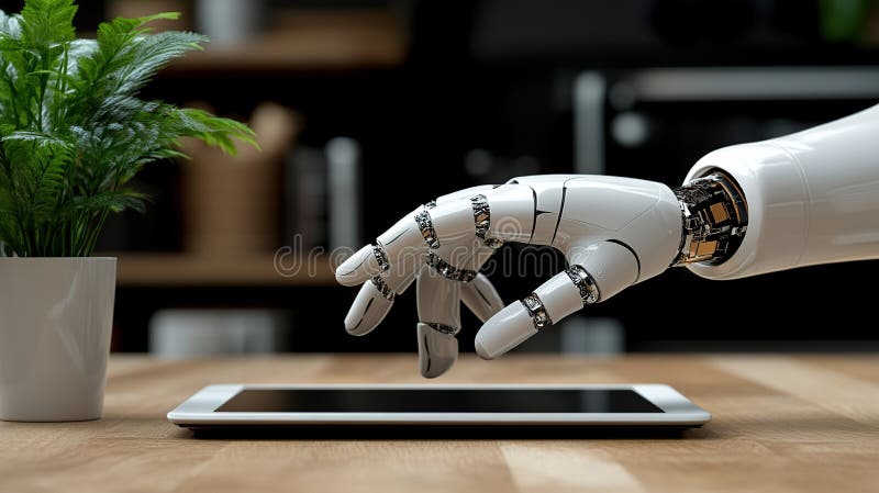 Robotic Hand Using Tablet, Office Background Stock Illustration ...