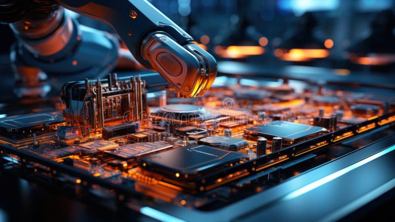 A Robotic Hand Working on a Computer Motherboard Stock Illustration ...