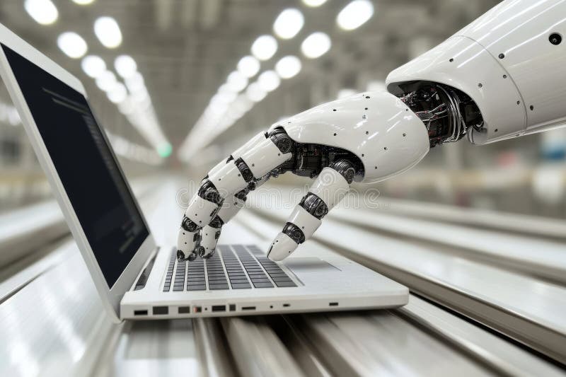 A Robotic Hand Works with a Laptop Showing Digital Data in a High Tech ...