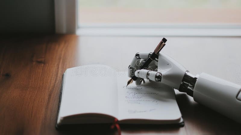 Robotic Hand Writing in Journal on Wooden Desk. AI in Creative ...