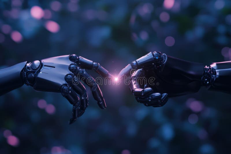 Robotic Hands Approaching Touch with Glowing Light in a Futuristic ...