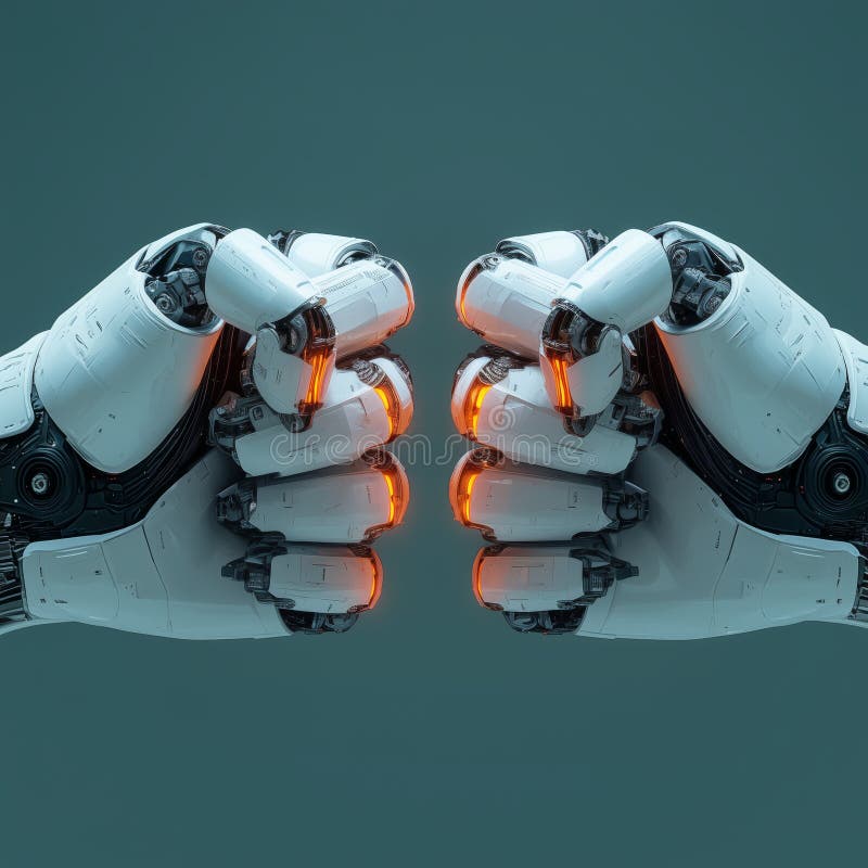 Robotic Hands Bumping Fists Creating Sparks in a Futuristic Challenge ...