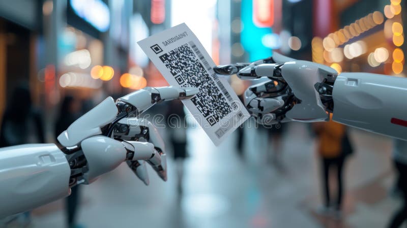 Robotic Hands Exchanging a QR Code in a Cityscape Stock Photo - Image ...