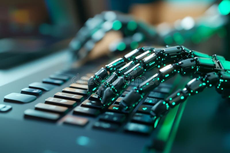 Robotic Hands with Glowing Green Lights are Typing on a Keyboard ...