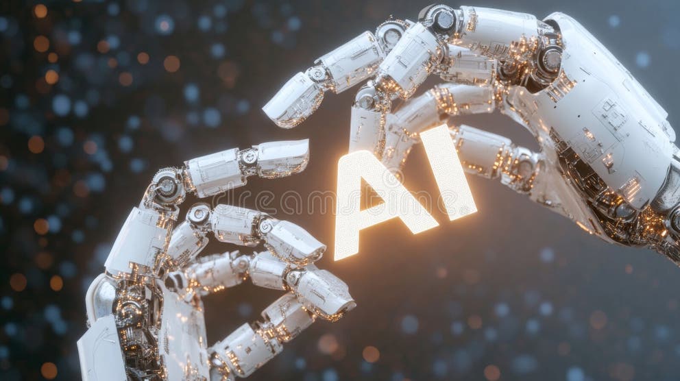 Robotic Hands Hold Glowing AI Letters, Showcasing Future Technology ...