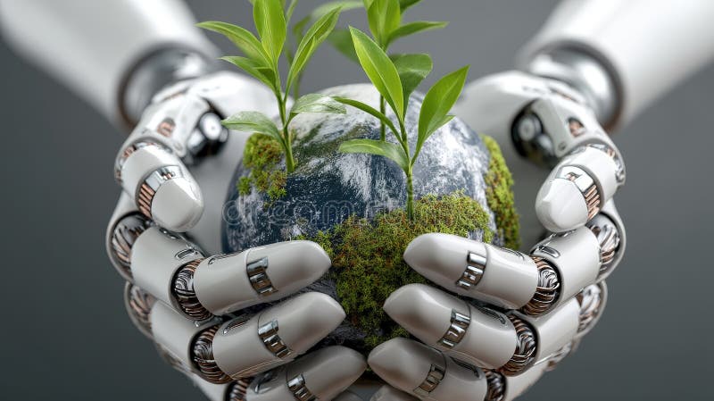 Robotic Hands Holding Earth with Growing Plants Symbolizing ...