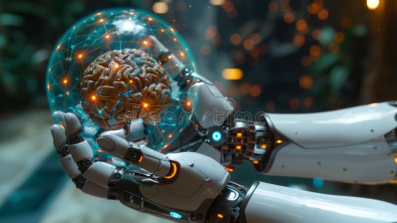 Robotic Hands Holding Glowing Brain Sphere. AI Generated. Stock ...