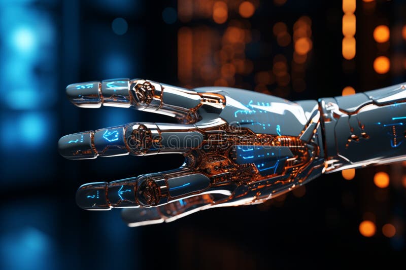 Robotic Hands Interact With A Coding Monitor Exemplifying Advanced Automation Technology Stock