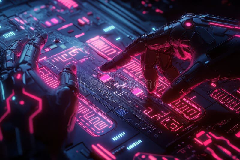 Robotic Hands Interacting with Futuristic Circuit Board Neon Lights ...