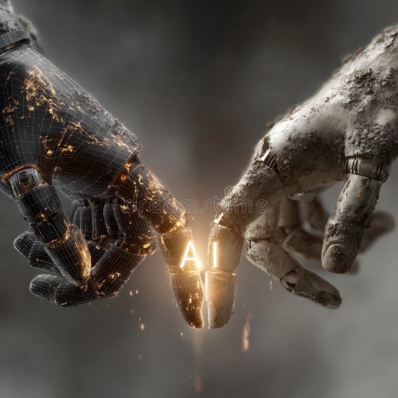 Robotic Hands Meet, One Digital One Aged, with Glowing AI Letters ...