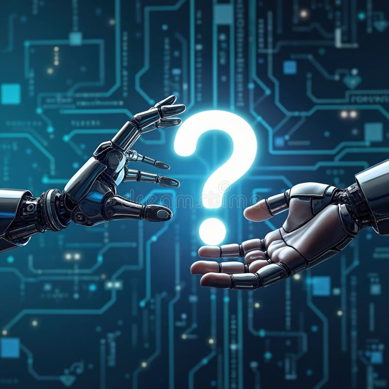 Robotic Hands Near Glowing Question Mark on Circuit Board Background. Represents AI Queries ...
