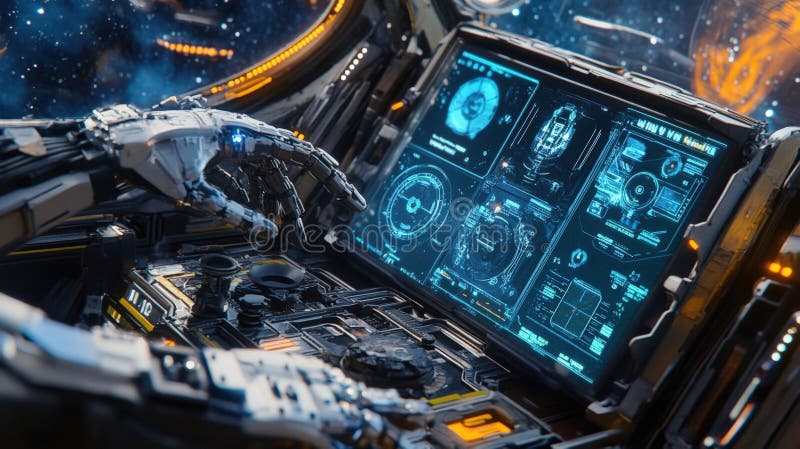 Robotic Hands Operating Futuristic Control Panel in Spaceship Cockpit ...