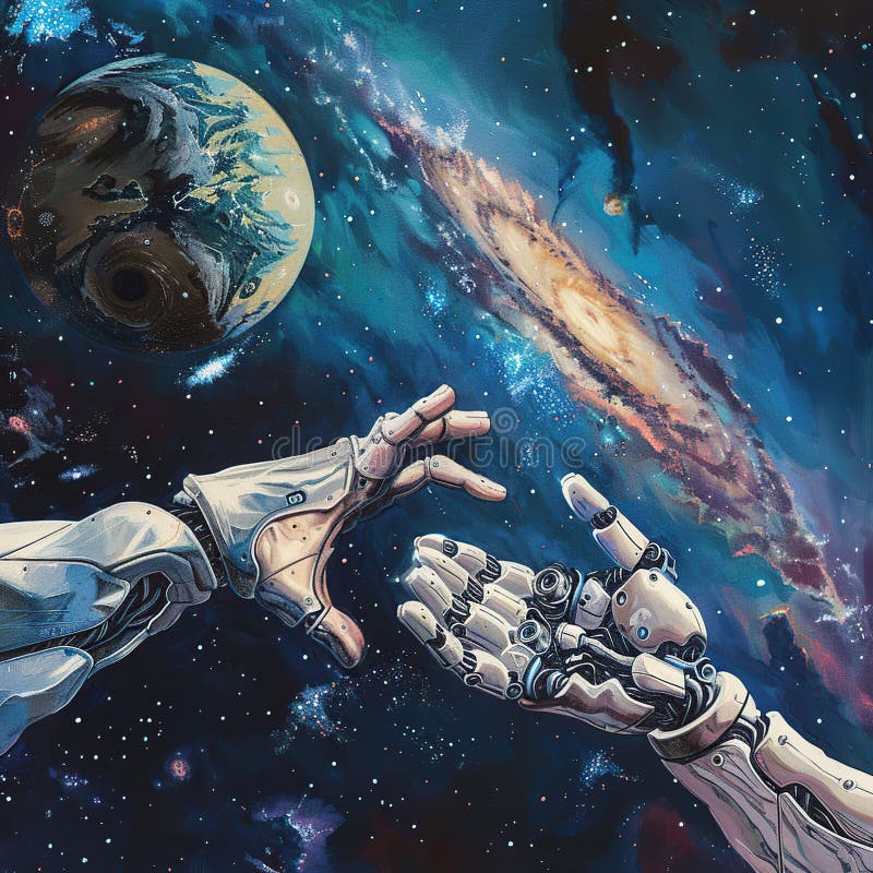 Robotic Hands Reaching Across a Cosmic Expanse Towards a Planet and ...