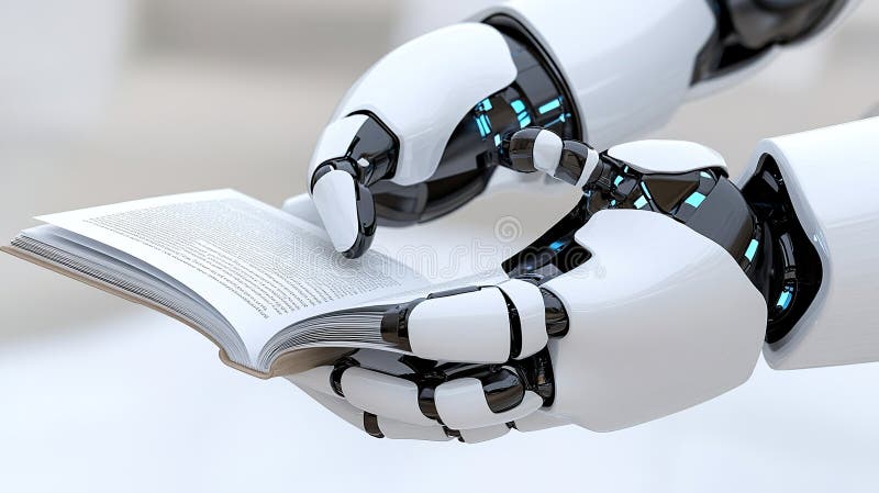 Robotic Hands Reading Book, Office Background, AI Learning Stock Photo ...