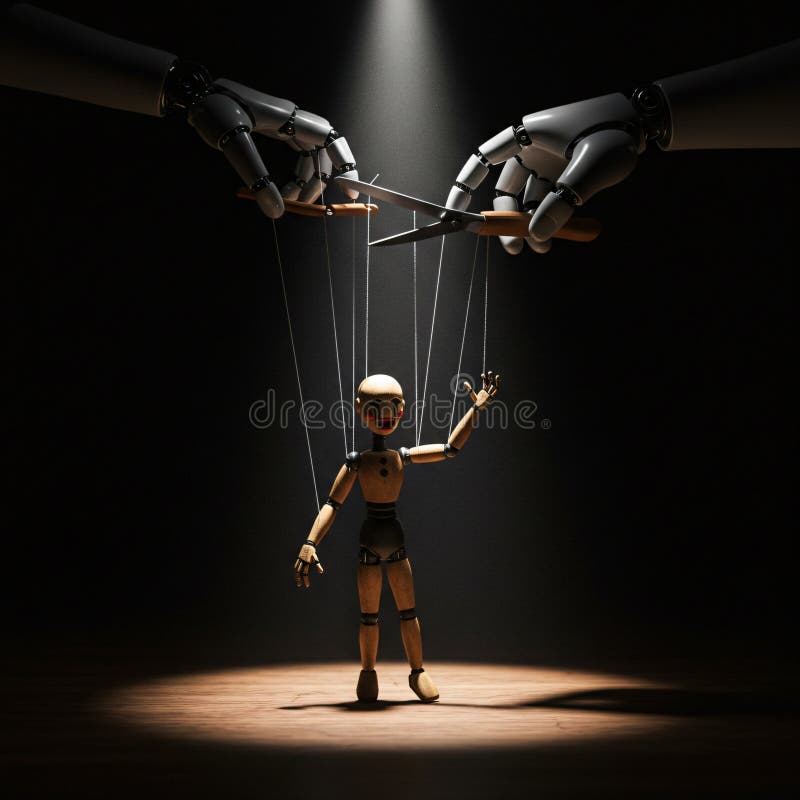 Robotic Hands Cutting Puppet Strings Freedom Concept 3d Art Dark Wood ...