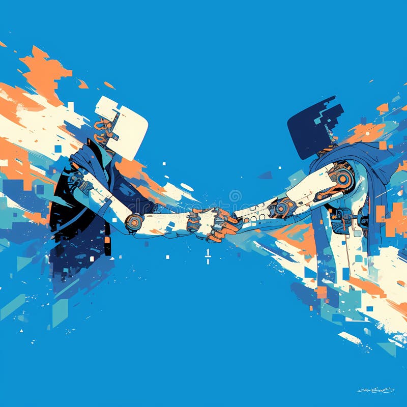 Robotic Hands Shake Against Blue Background Stock Illustration ...