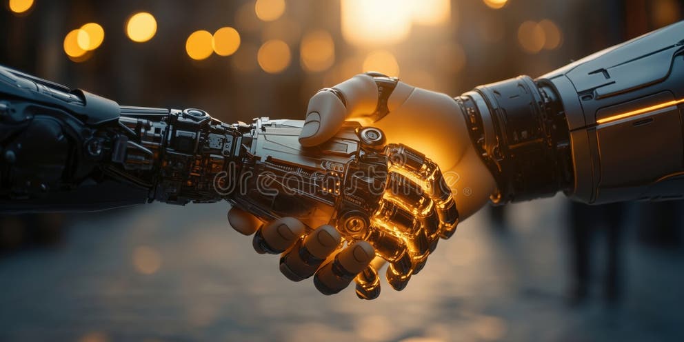 Robotic Hands Shaking Symbolizing Partnership between Humans and ...