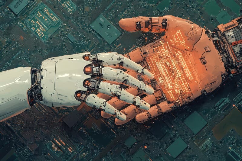 Robotic Hands Touching Circuit Board AI Synergy Technology Future Stock ...