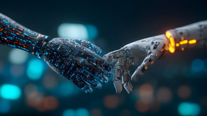 Robotic Hands Touching in Futuristic Technology Exchange with Digital ...