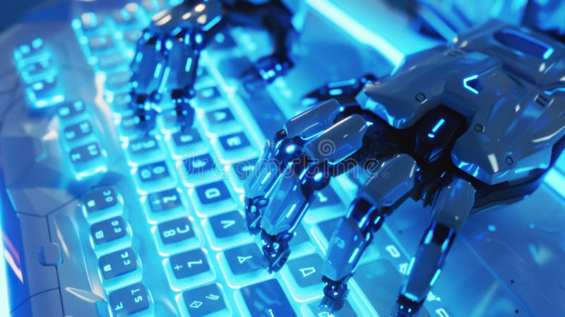Robotic Hands Typing on an Illuminated Futuristic Keyboard Stock Photo ...
