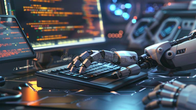 Robotic Hands Typing on a Keyboard with Multiple Screens Displaying ...