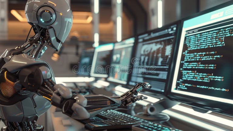 Robotic Hands Typing on a Keyboard with Multiple Screens Displaying ...