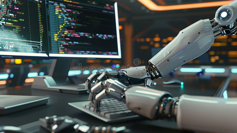 Robotic Hands Typing on a Keyboard with Multiple Screens Displaying ...