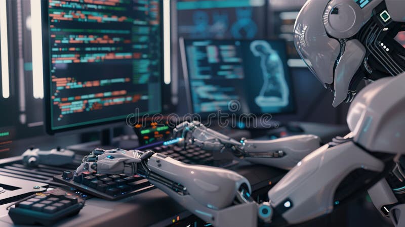 Robotic Hands Typing on a Keyboard with Multiple Screens Displaying ...