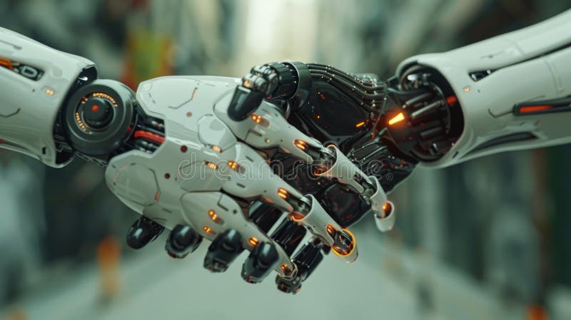 Robotic Handshake in Futuristic Cityscape Symbolizing Unity and ...