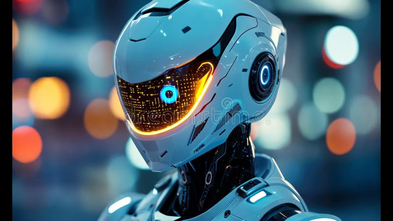 A Robotic Head with Cityscape in the Background, Suitable for Tech and ...