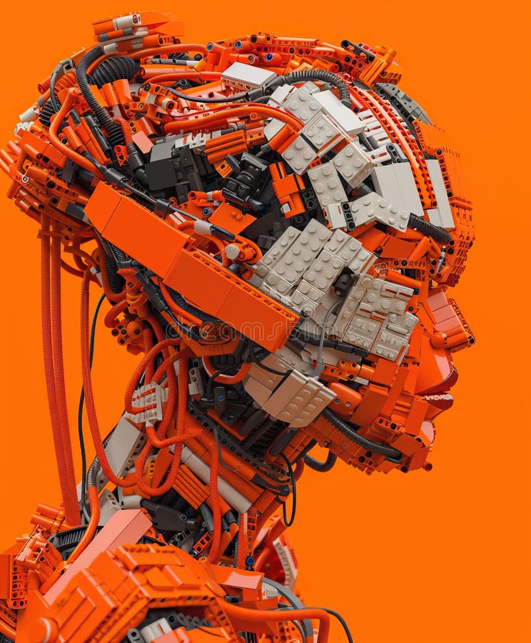 A Robotic Head Constructed with Orange and Gray Lego-style Pieces in an ...