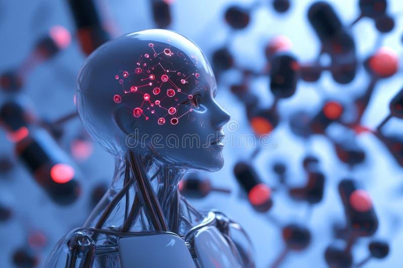 Innovative Robotic Head with Glowing Neural Connections in a Futuristic ...