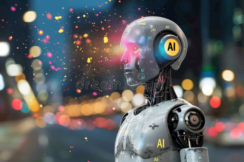 Robotic Head with Glowing AI Particles, Representing the Fusion of ...