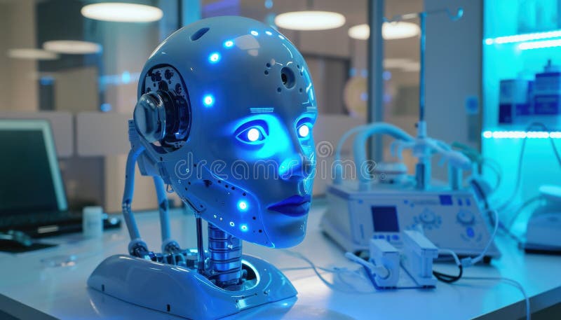 Robotic Head with Glowing Features in a Modern Laboratory at Night ...