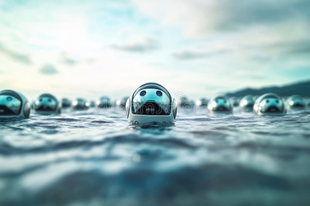 Robotic Helmets Floating in Tranquil Ocean at Sunrise Stock Image ...