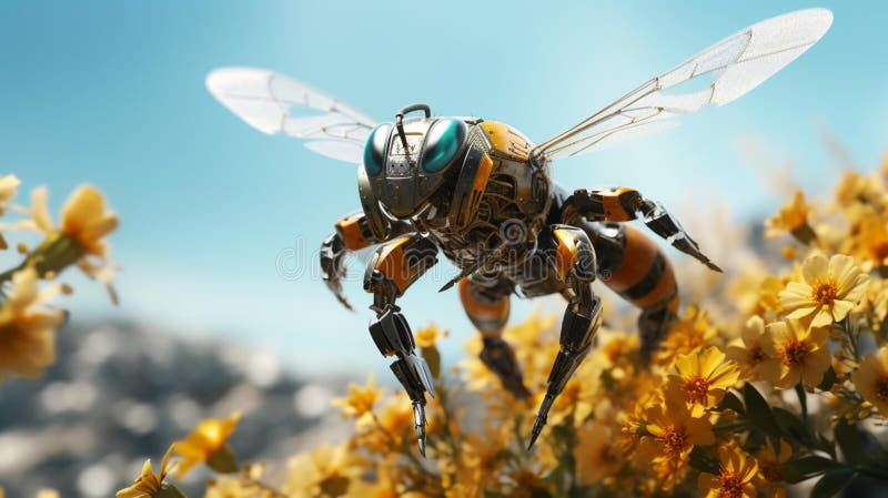 Robotic Honeybee Perched upon a Cluster of Bright Yellow Wildflowers ...