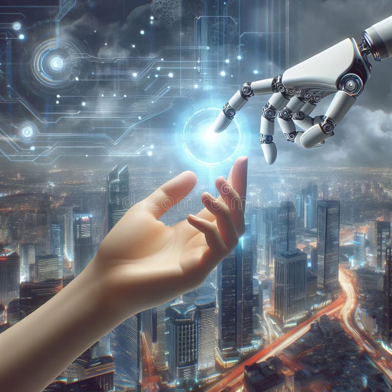 Human and Robotic Hand Interaction Over Urban Skyline Stock Image ... Human and Robotic Hand Interaction Over Urban Skyline Stock Image ...